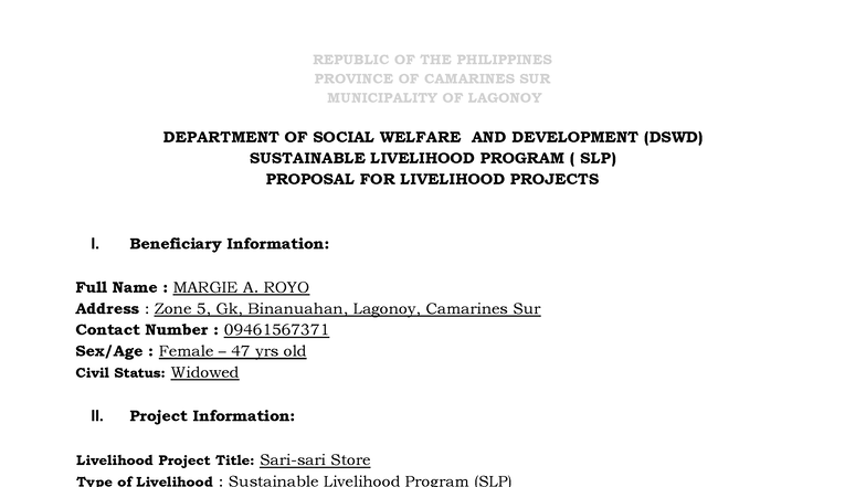 SLP Proposal for Livelihood Projects in Lagonoy, Camarines Sur - Studocu