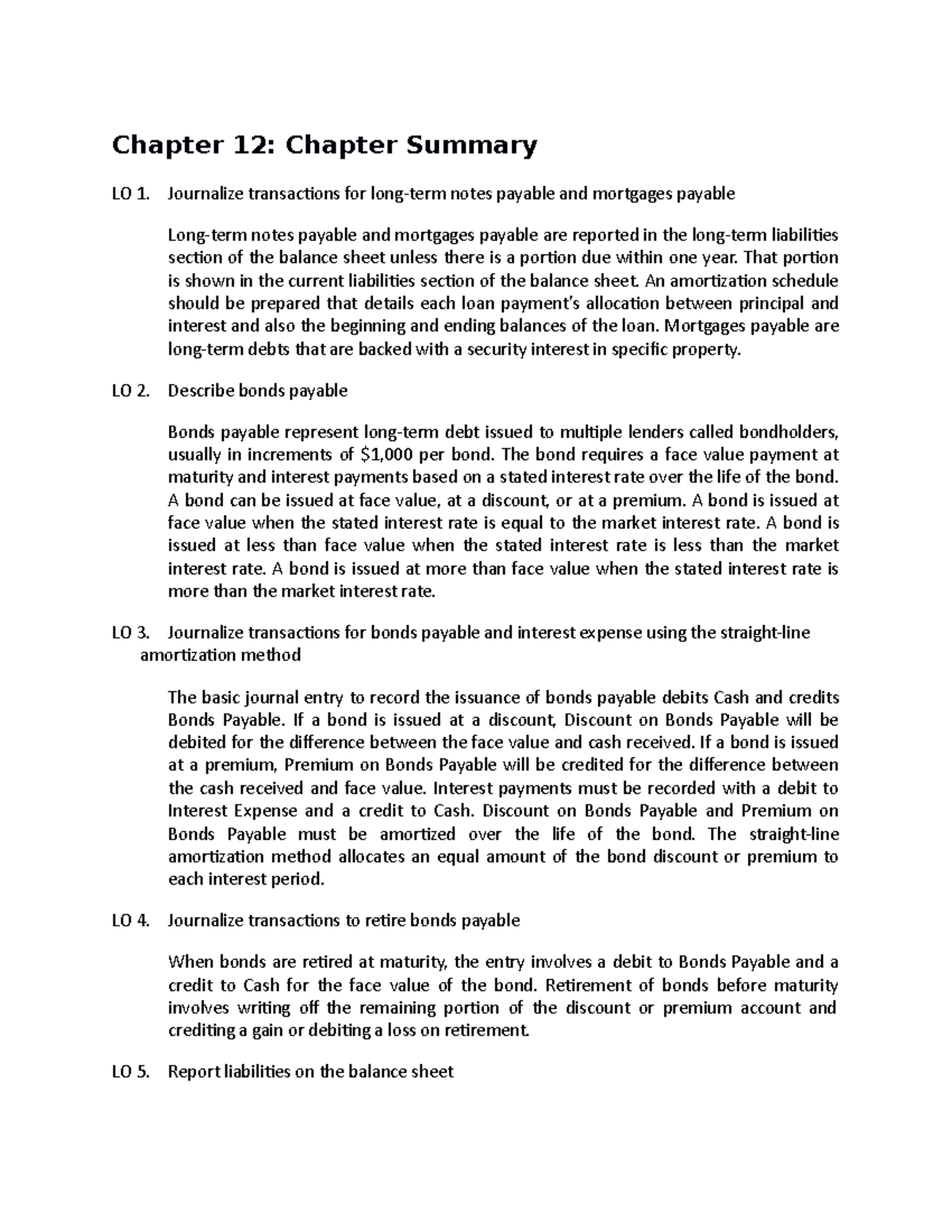 Chapter 12 Summary - Chapter 12: Chapter Summary LO 1. Journalize transactions for long-term ...