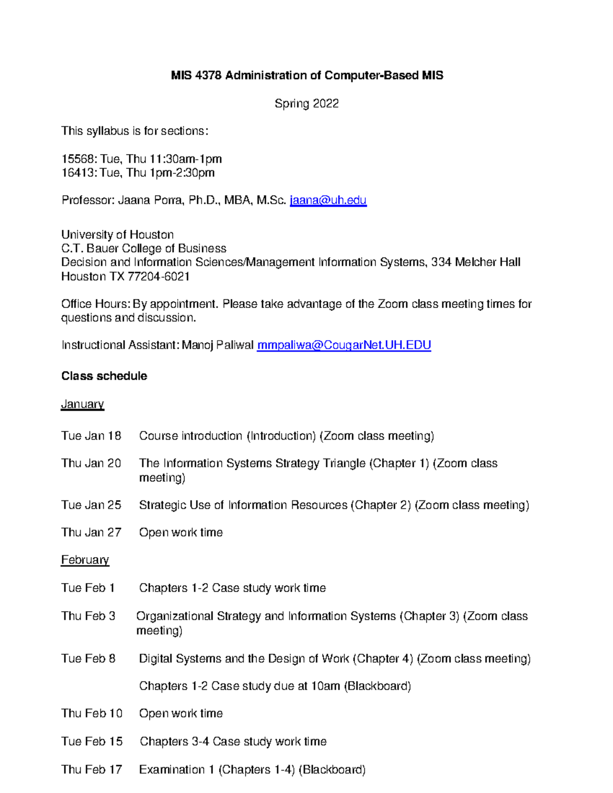 MIS 4378 Syllabus - Computer-Based MIS Spring 2022 (Professor Porra ...