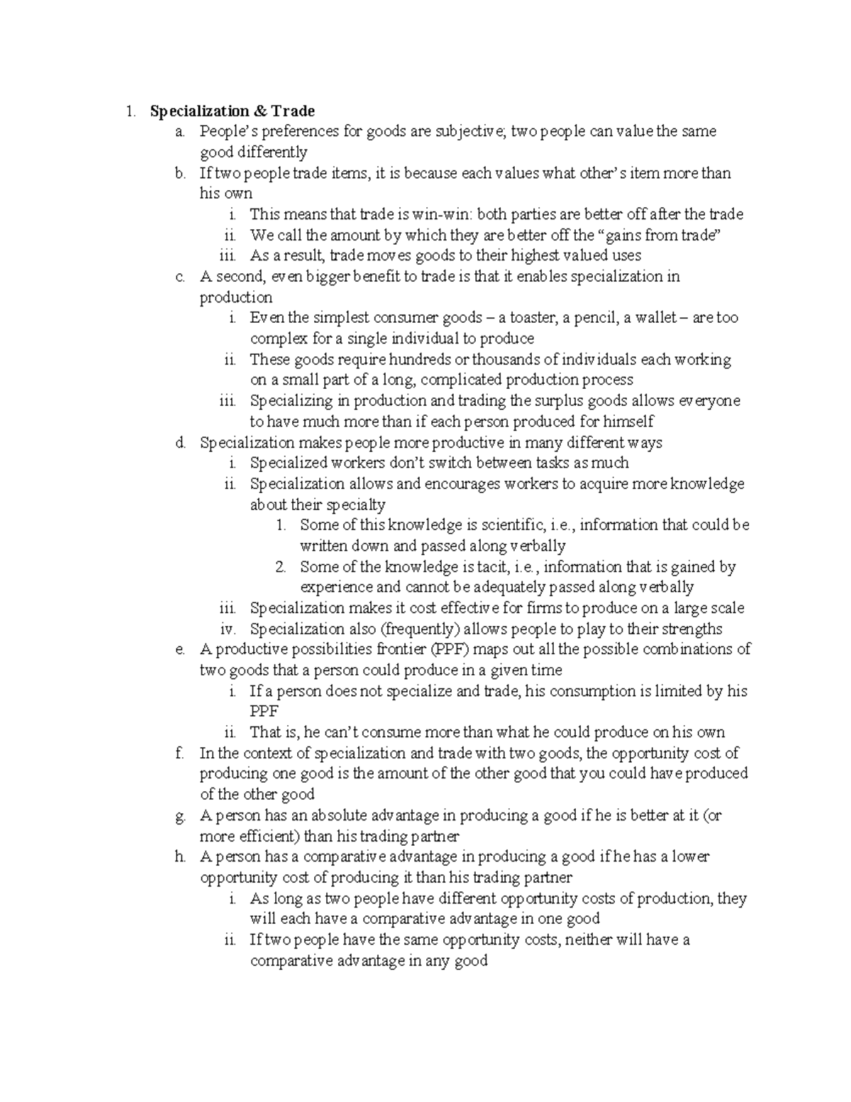 Mid Term 1 Study Guide: Specialization, Trade & Market Equilibrium ...