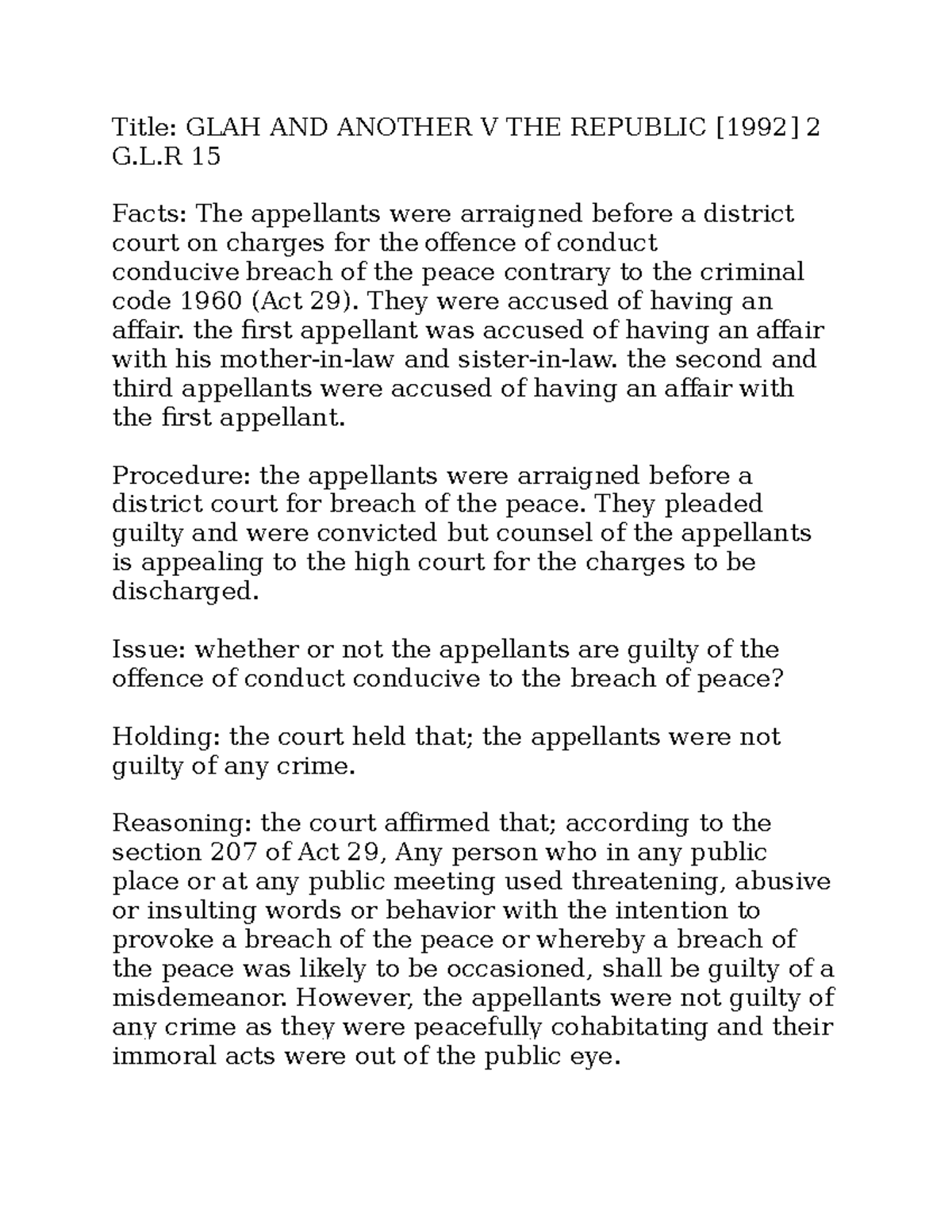 Case Briefs: Criminal Law Cases [GLAH 1992; DEBRAH 1991; KWASHIE 1971 ...