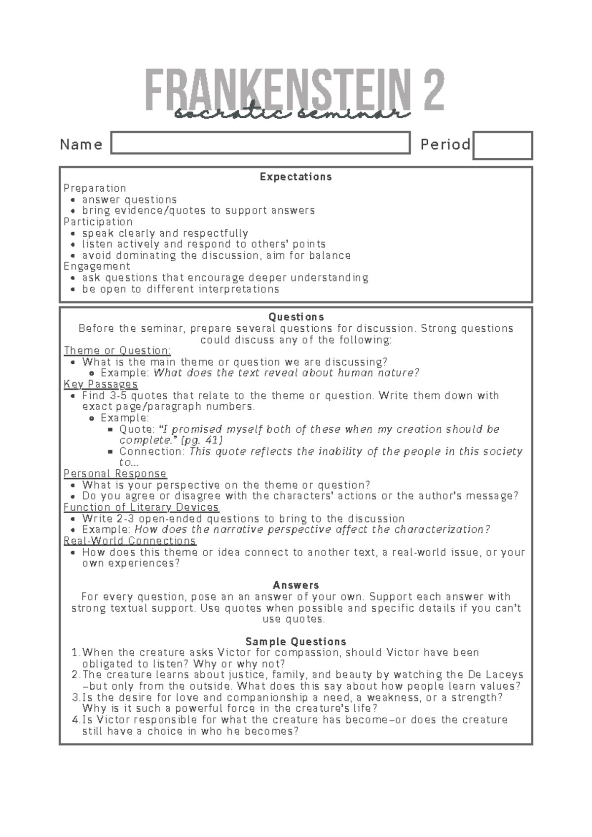 FRANKENSTEIN 2 Socratic Seminar Preparation & Discussion Guide - Studocu