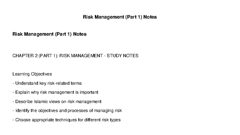 Risk Management (Part 1) Study Notes: Key Concepts & Techniques - Studocu