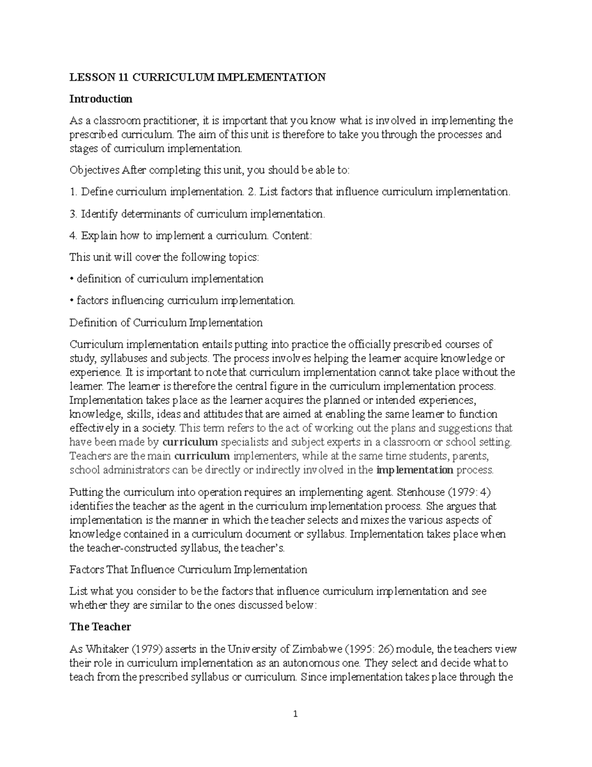 Lesson 11 Curriculum Implementation - LESSON 11 CURRICULUM ...