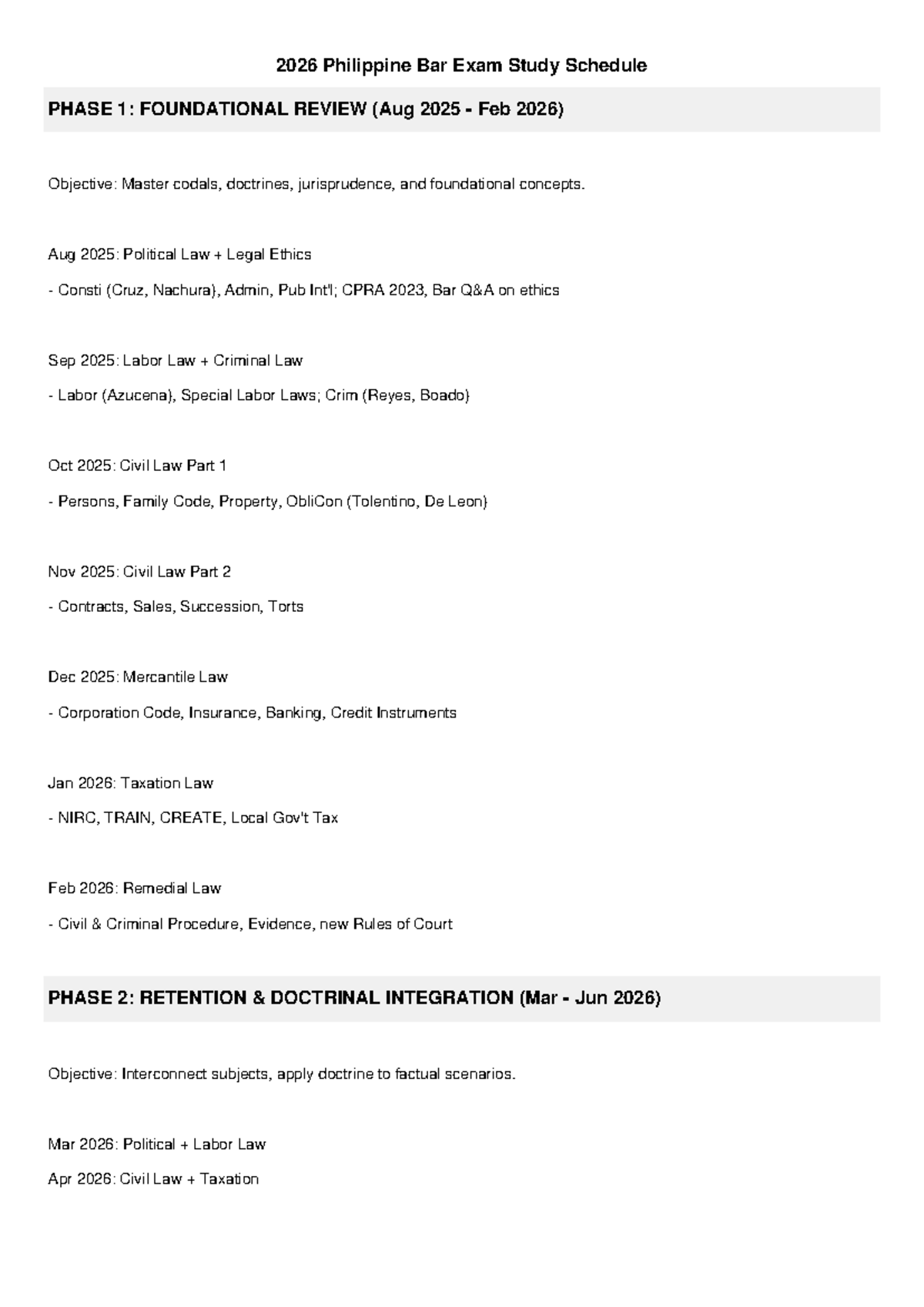 2026 Bar Exam Study Schedule: Foundational Review & Retention - Studocu