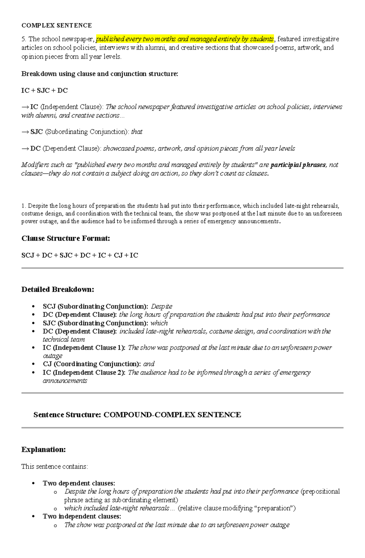 Complex Sentence Structure - Sample Notes for ENG 101 - Studocu