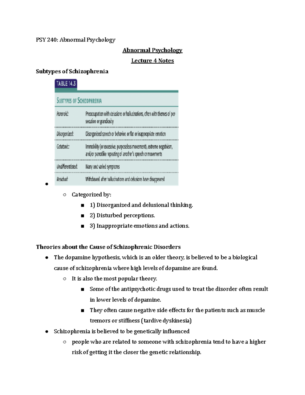 PSY 240 Abnormal Psychology Lecture 4 - Schizophrenia & Disorders Notes ...