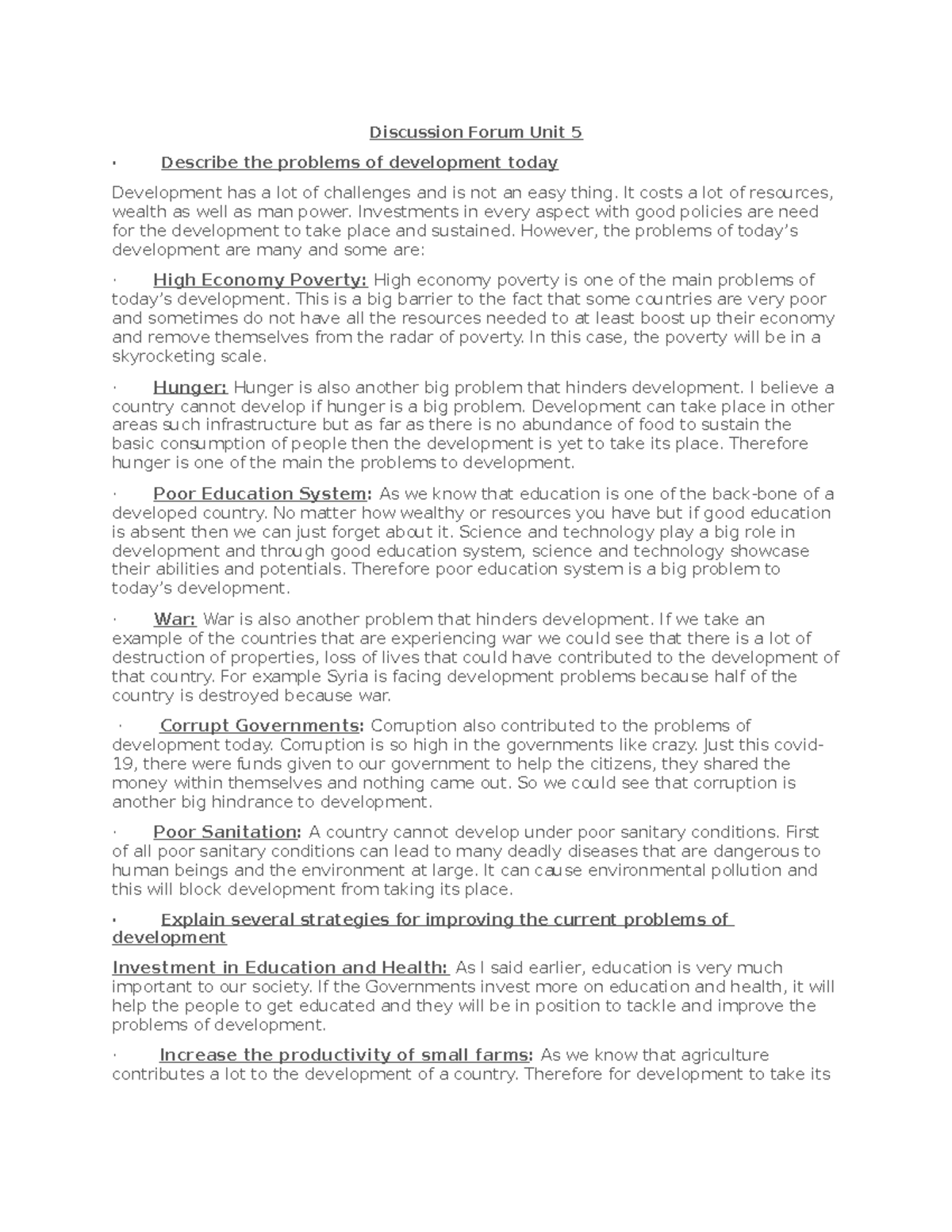 POLS 1503 Discussion Assignment 5 - Discussion Forum Unit 5 · Describe the problems of ...