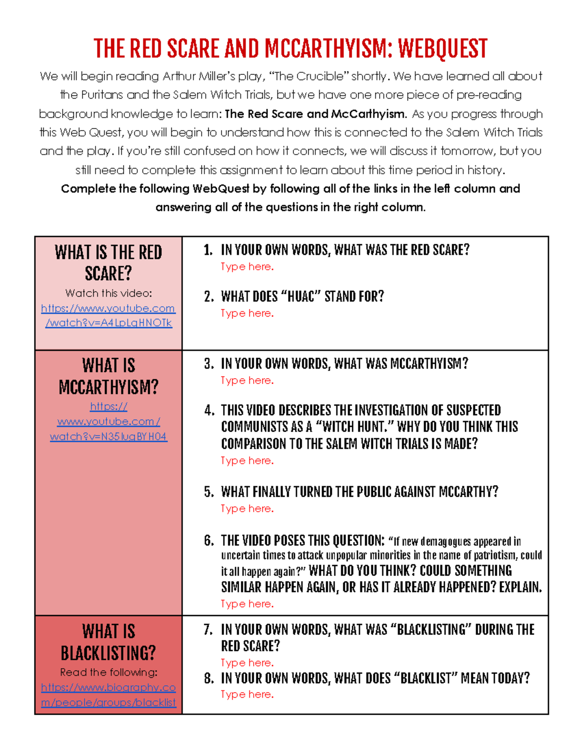 TPT Red Scare & McCarthyism Web Quest Pre-Reading for "The Crucible ...