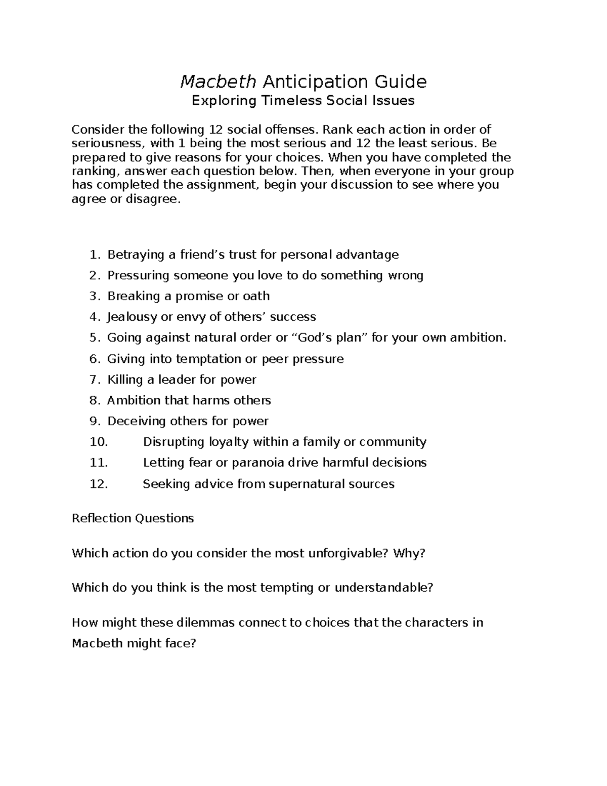 Macbeth Anticipation Guide: Ranking Social Offenses and Dilemmas - Studocu