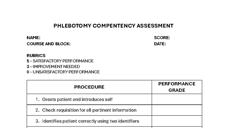 Phlebotomy Competency Assessment Rubric: Course & Block Evaluation ...