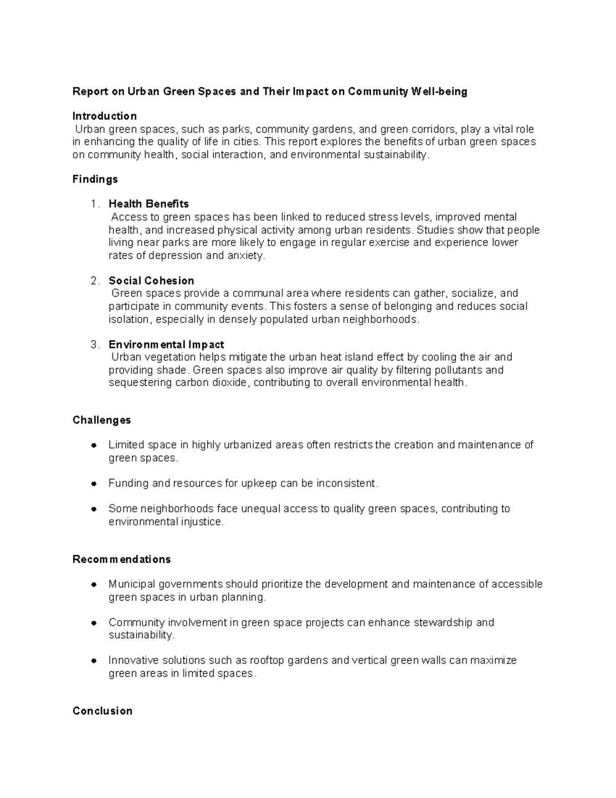 Urban Green Spaces: Community Impact Report - Studocu