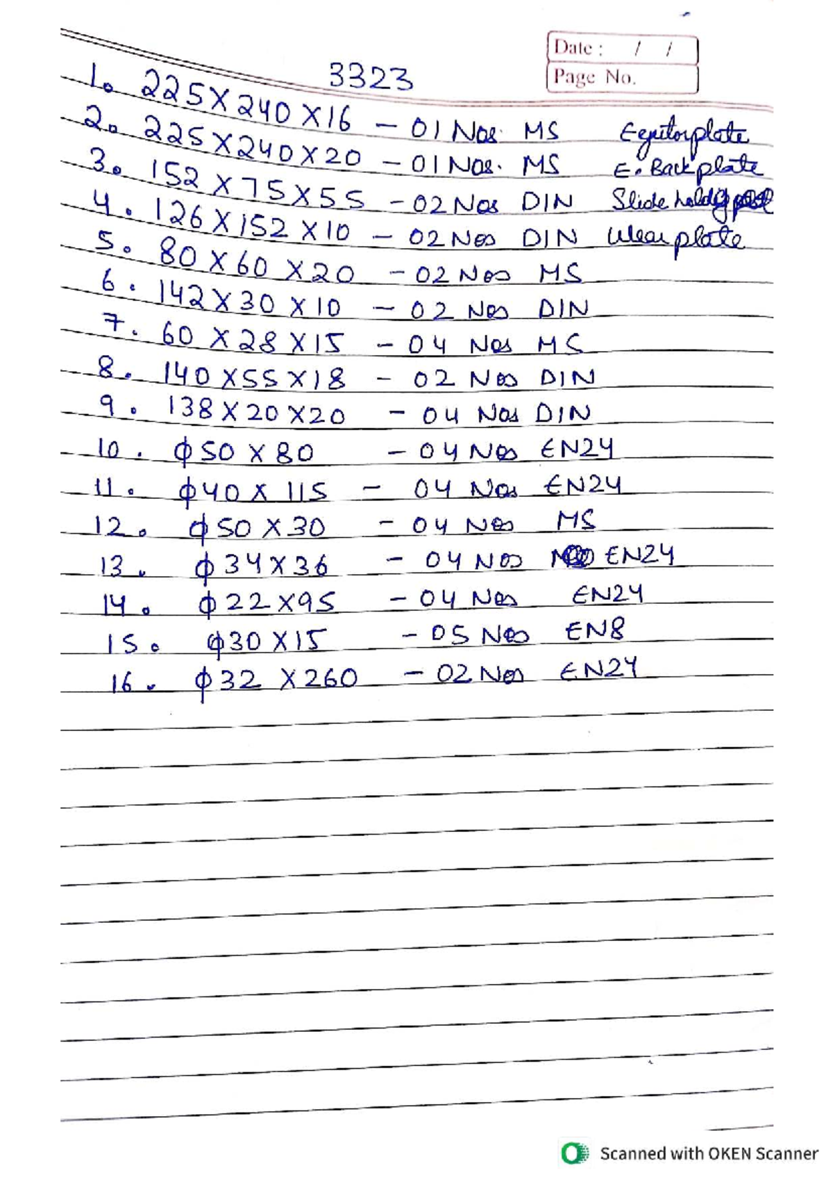 Material Specifications for Project 3323 - Parts List - Studocu