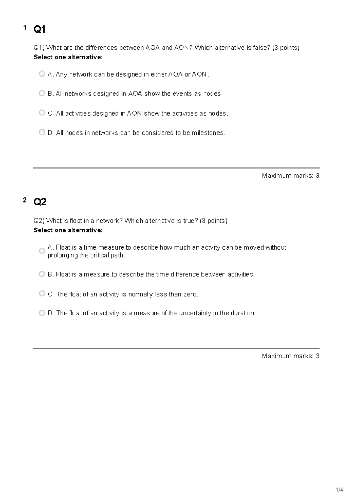 Project Management Exam Q1-Q11: AOA vs AON, Float, WBS, Risk Management ...