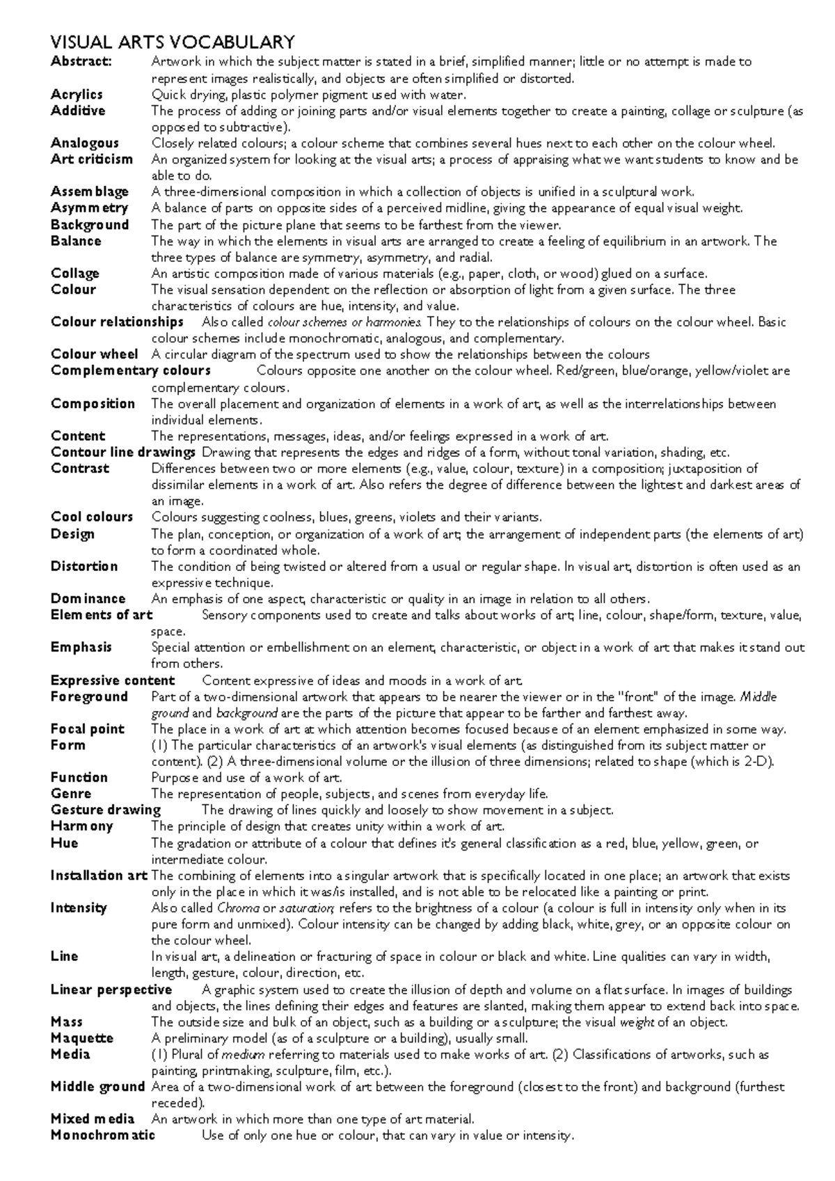 330899895 Visual Arts Vocabulary: Key Terms and Definitions - Studocu