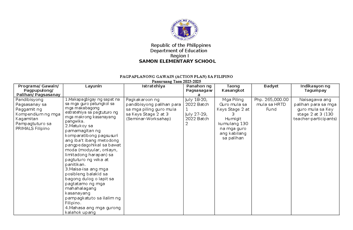 Action Plan sa Filipino - Republic of the Philippines Department of ...