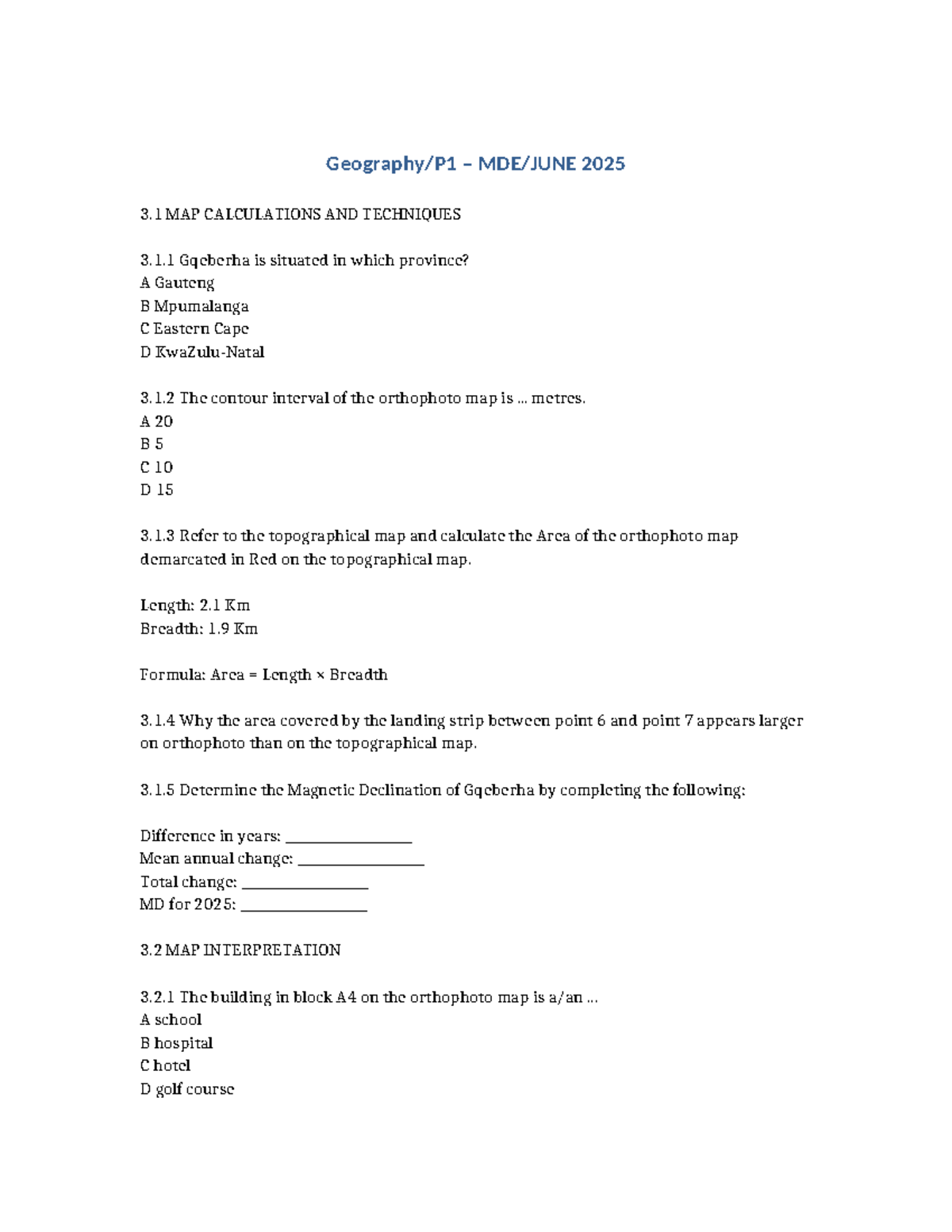 Geography P1: MAP Calculations & Techniques for 2025 Exam - Studocu