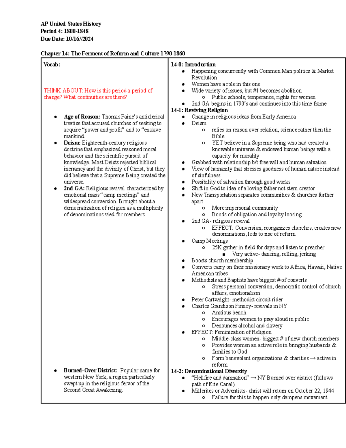 APUSH Period 4: Chapter 14 - The Ferment of Reform & Culture Notes ...