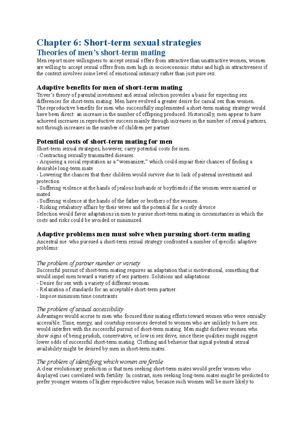 Chapter 6: Short-Term Sexual Strategies and Mating Psychology - Studeersnel