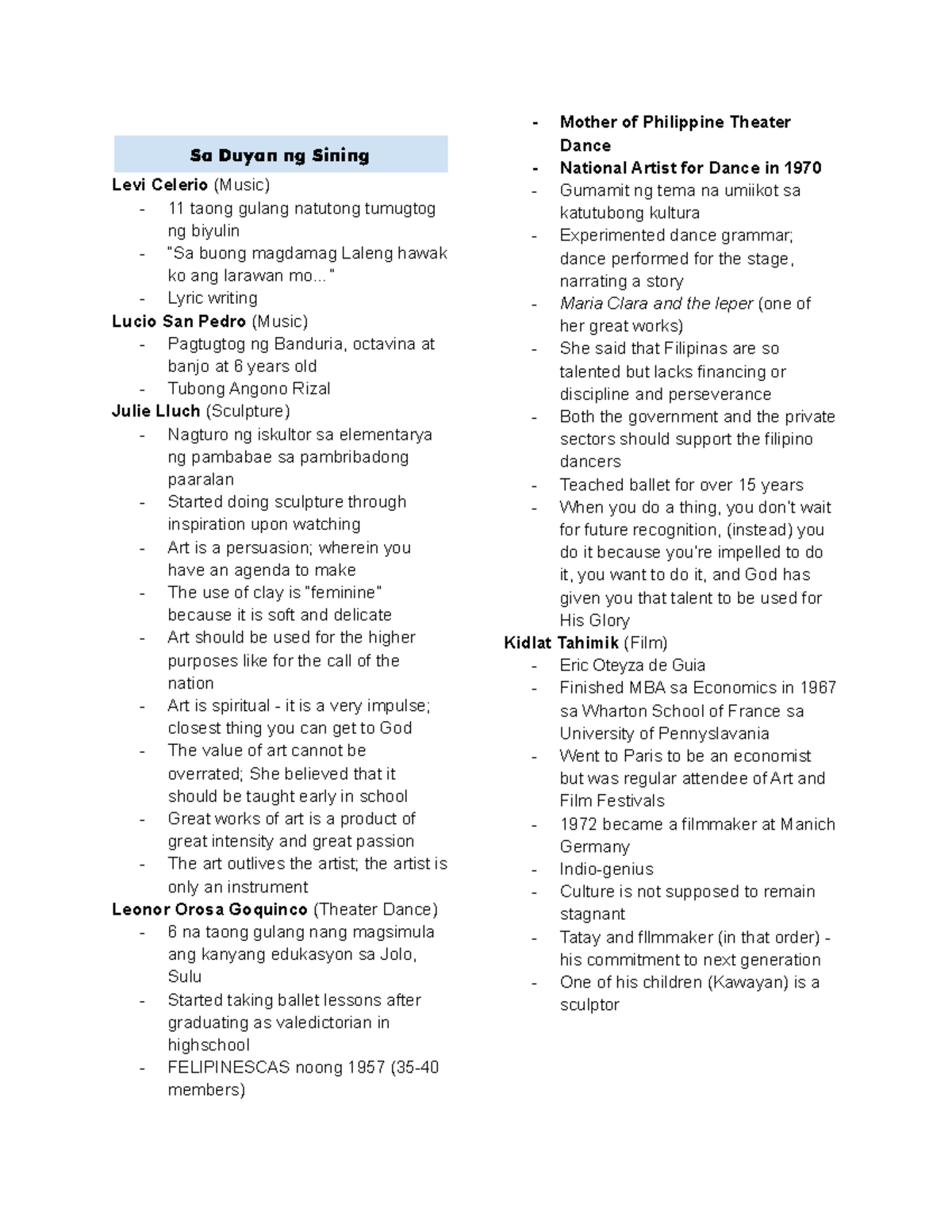 Sining at Kultura: Mga Pagsusuri sa mga Piling Artista - Studocu