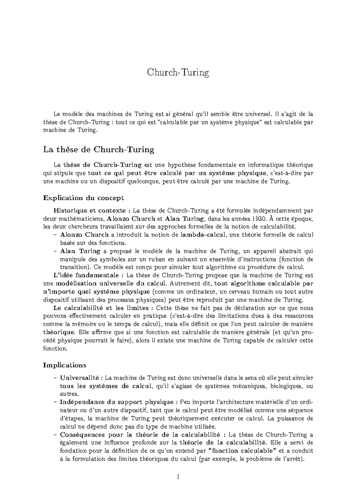 12CT-Exposé sur la thèse de Church-Turing et ses implications - Studocu