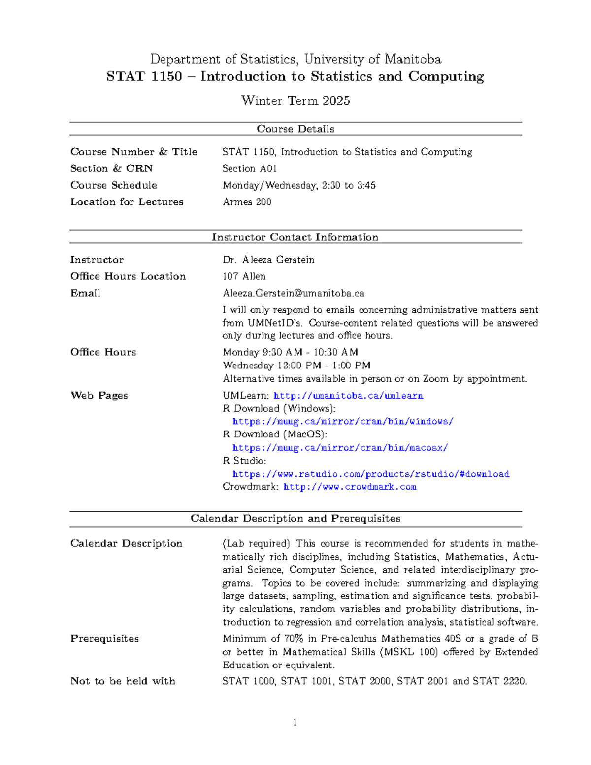 STAT 1150 Syllabus: Intro to Statistics & Computing - Winter 2025 - Studocu