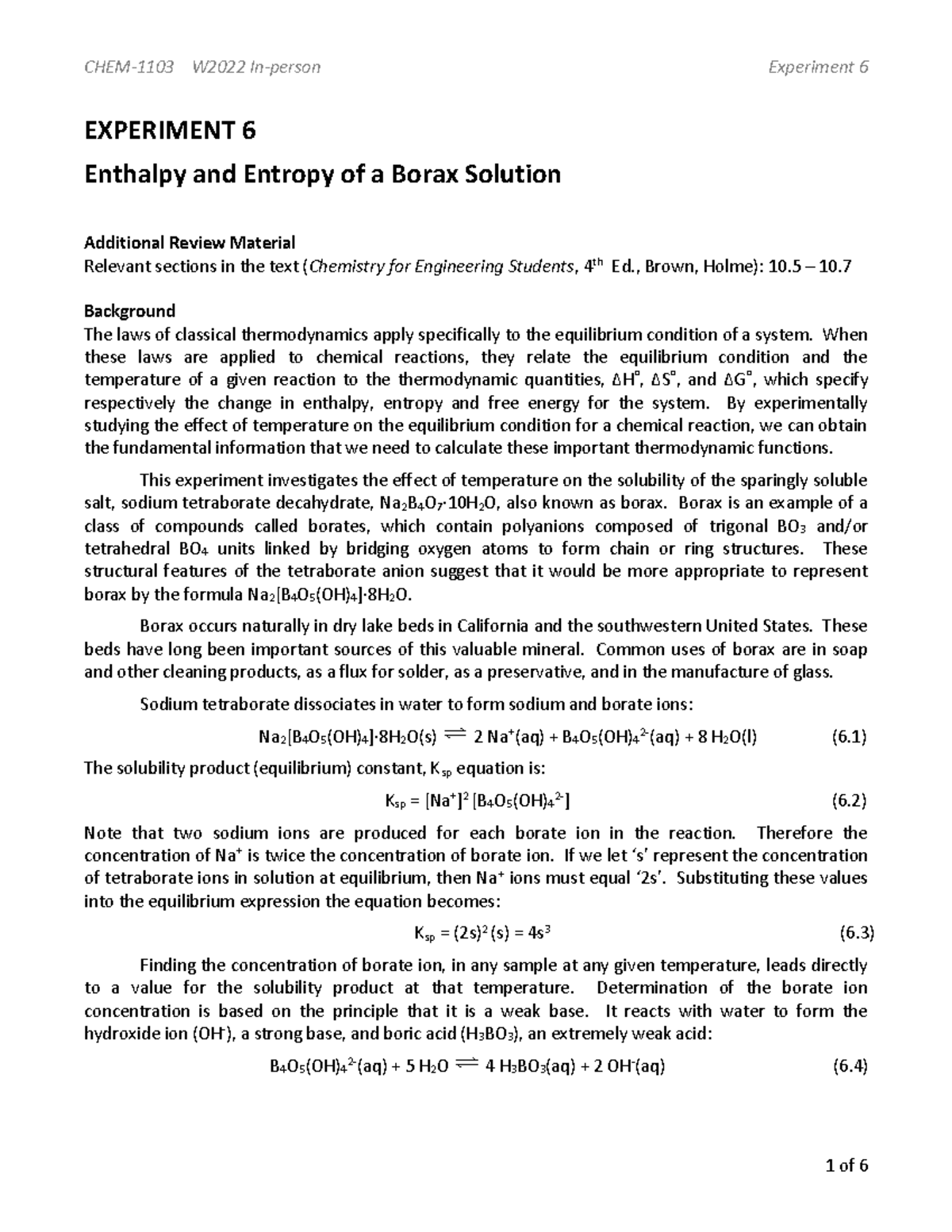 Exp.6 Enthalpy and Entropy of Borax - EXPERIMENT 6 Enthalpy and Entropy of a Borax Solution ...