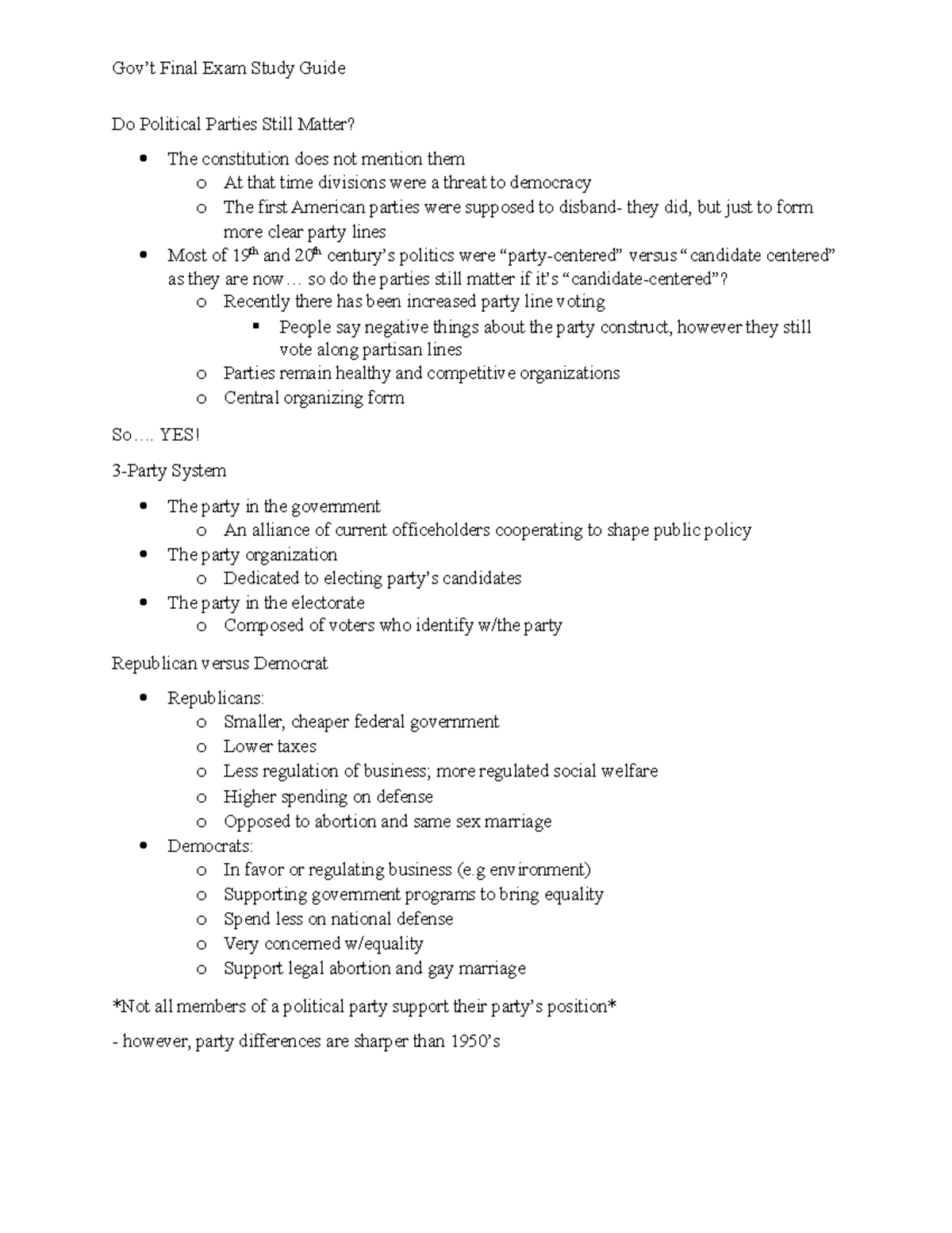 U.S. Government Final Exam Study Guide: The Role of Political Parties ...
