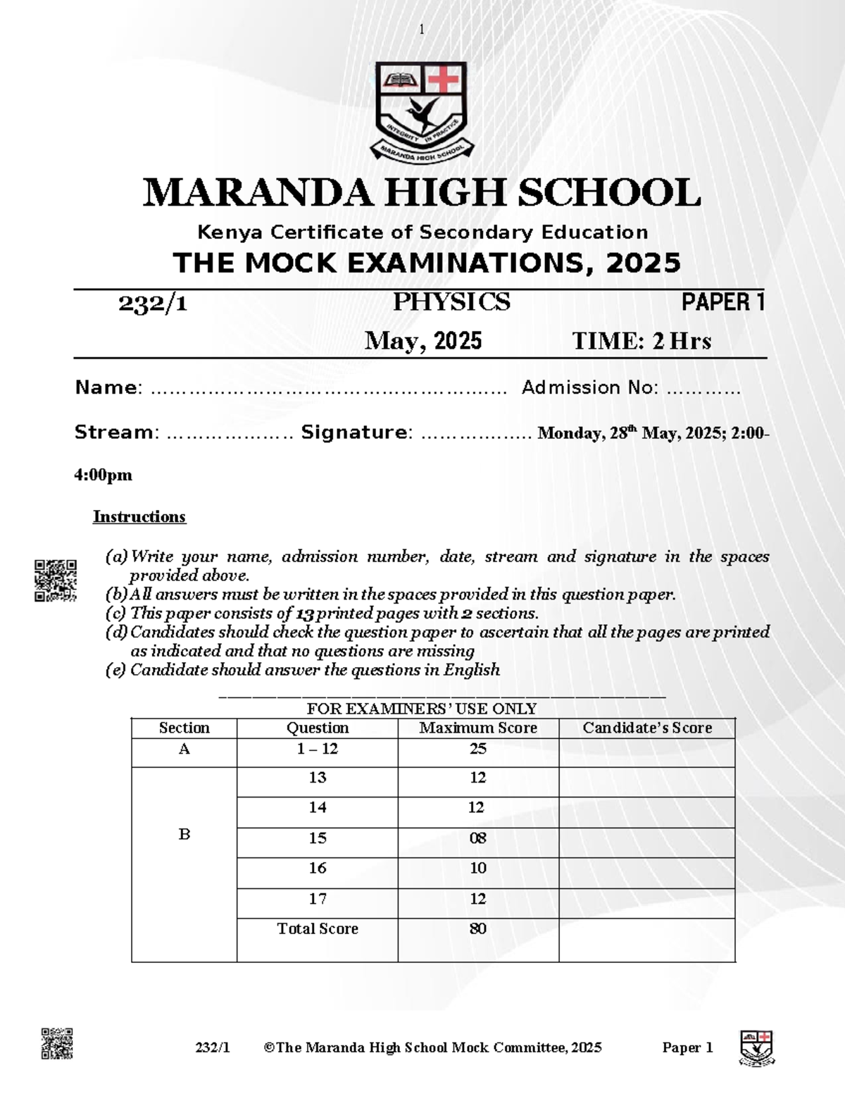 Maranda High School KCSE 2025 Mock Exam Physics Paper 1 Questions - Studocu