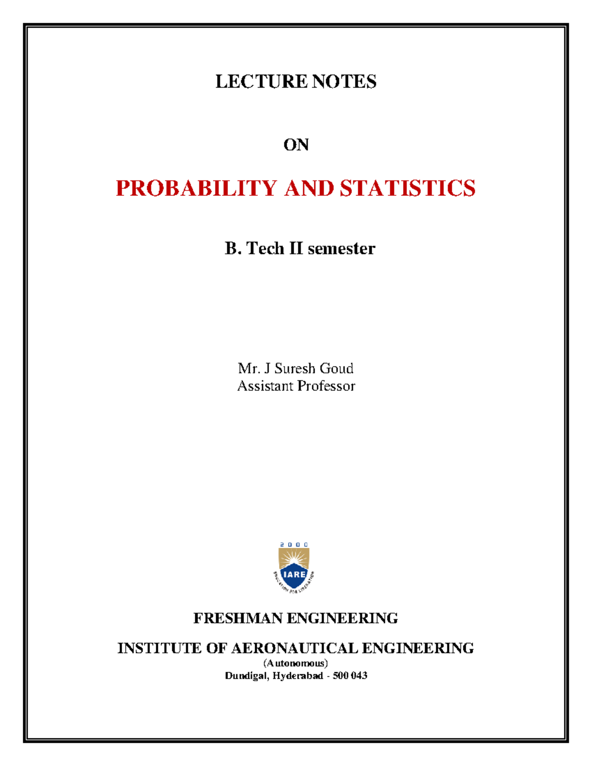 Probability and statistics - LECTURE NOTES ON PROBABILITY AND ...