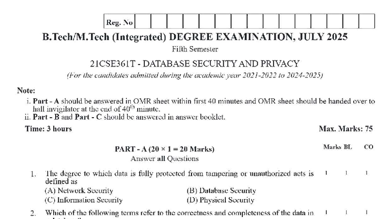 21CSE361T Database Security & Privacy Exam - July 2025 - Studocu