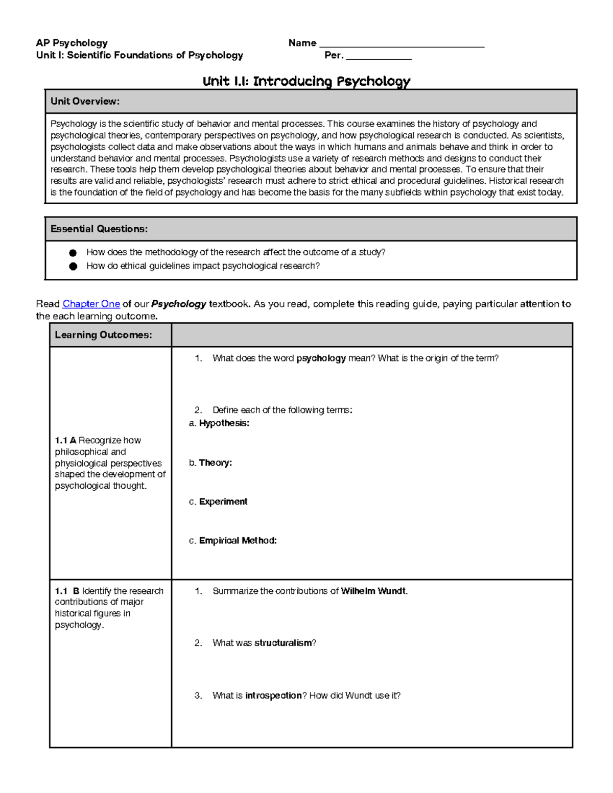 AP Psychology 1.1 Reading Guide: Scientific Foundations Overview - Studocu