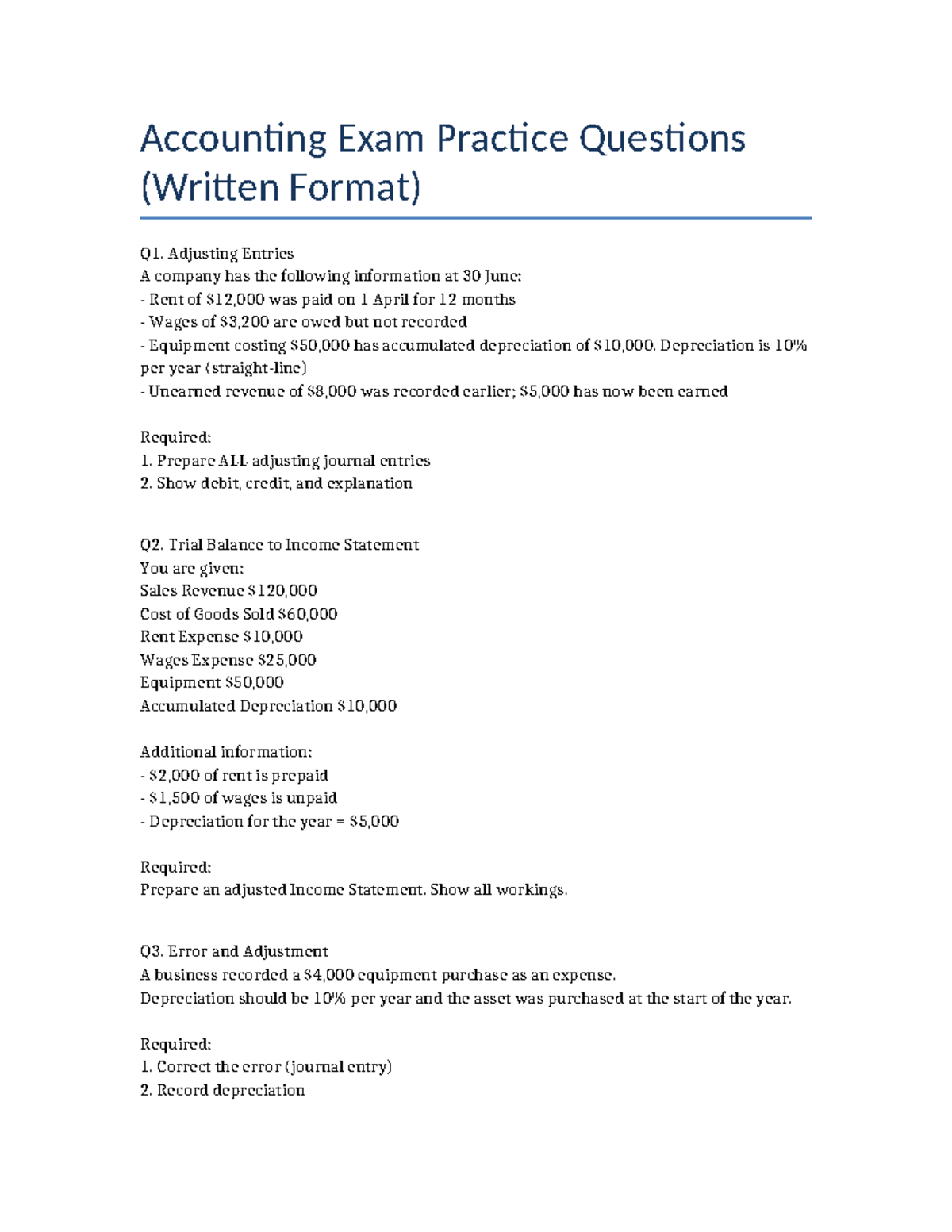 Accounting Exam Practice Questions: Adjusting Entries & Income ...