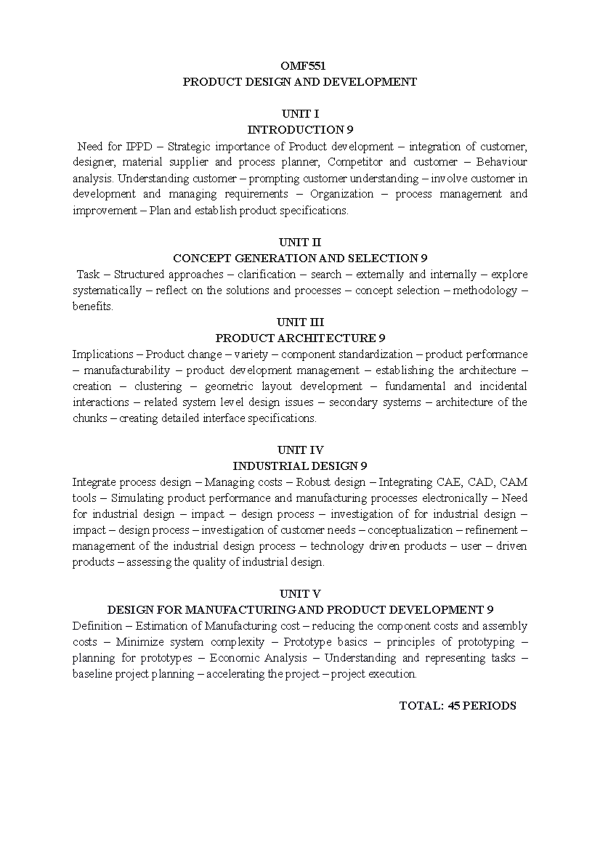 OMF551 - Product Design & Development: Unit-wise Breakdown and Insights - Studocu