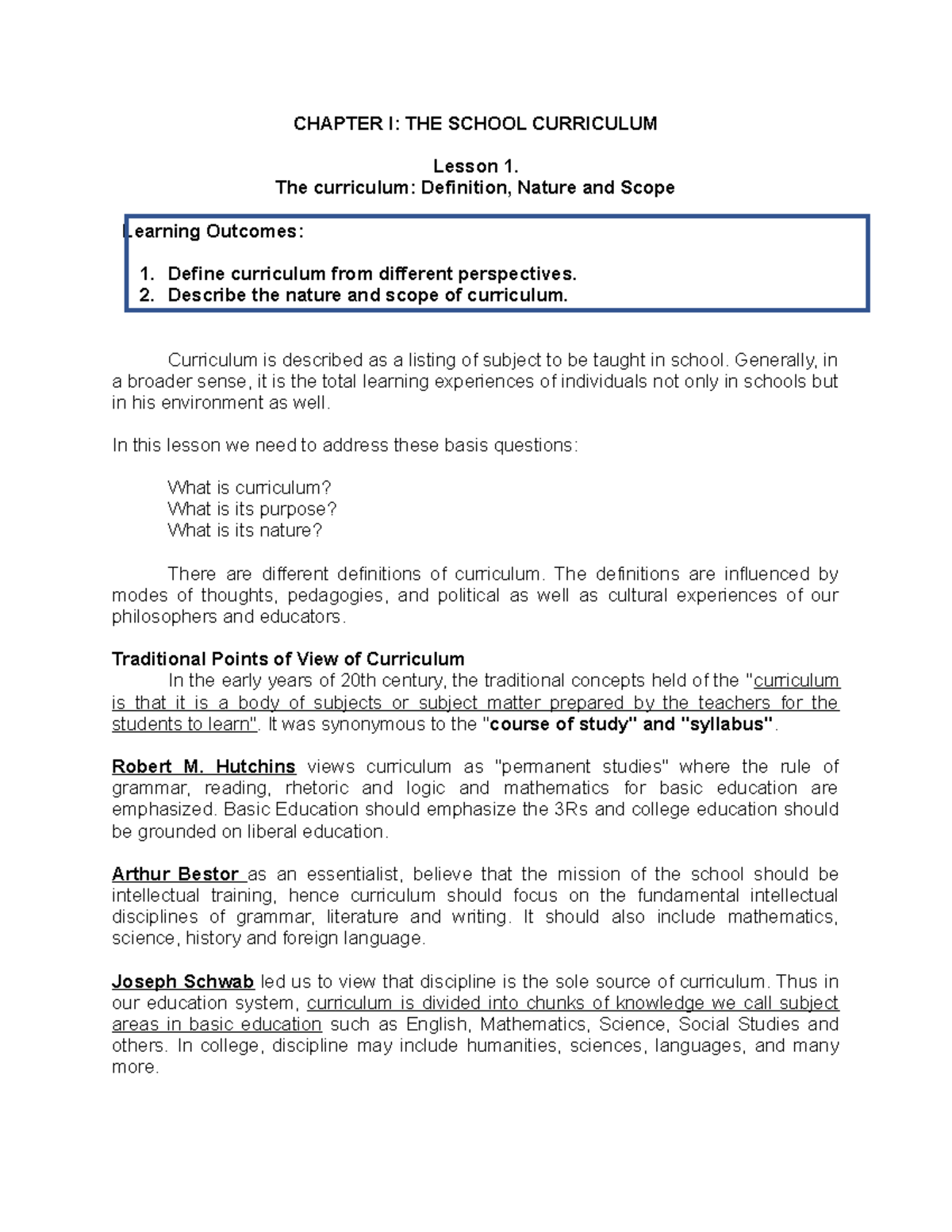 TTSC Lesson 1 - Lecture Notes - CHAPTER I: THE SCHOOL CURRICULUM Lesson ...
