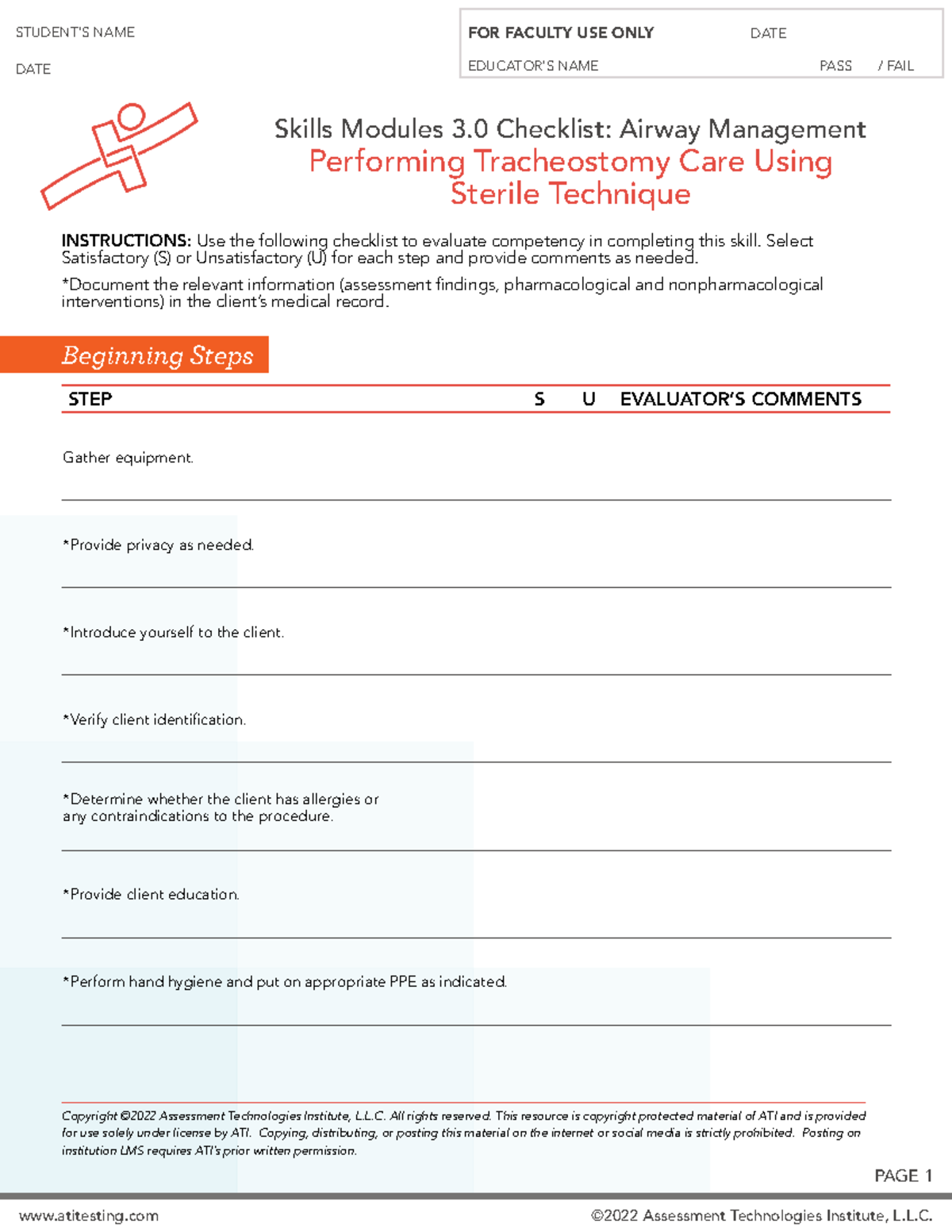 ATI Skills Checklist: Tracheostomy Care Using Sterile Technique - Studocu
