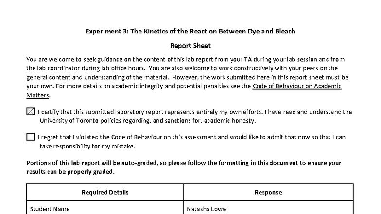 CHM135 Lab 3: Kinetics of Dye and Bleach Reaction Report - Studocu