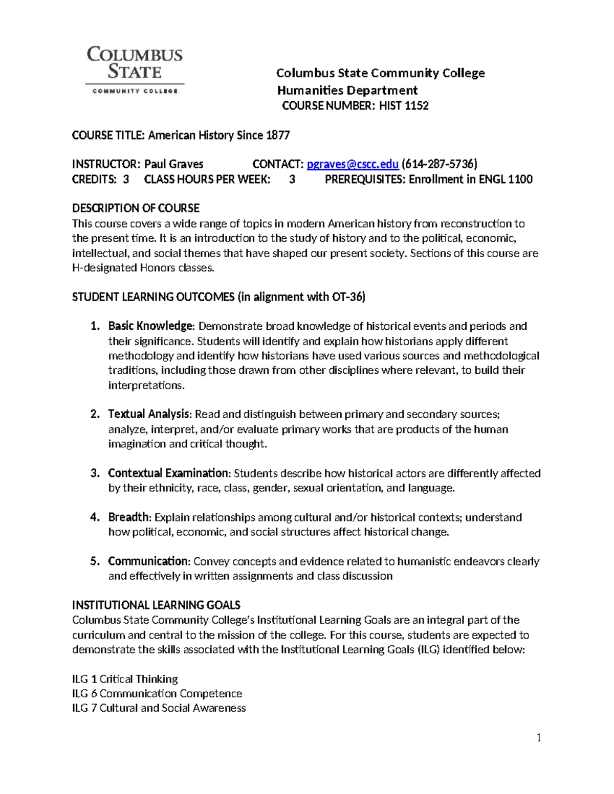 HIST 1152 Master Syllabus: American History Since 1877 - Spring 2026 ...