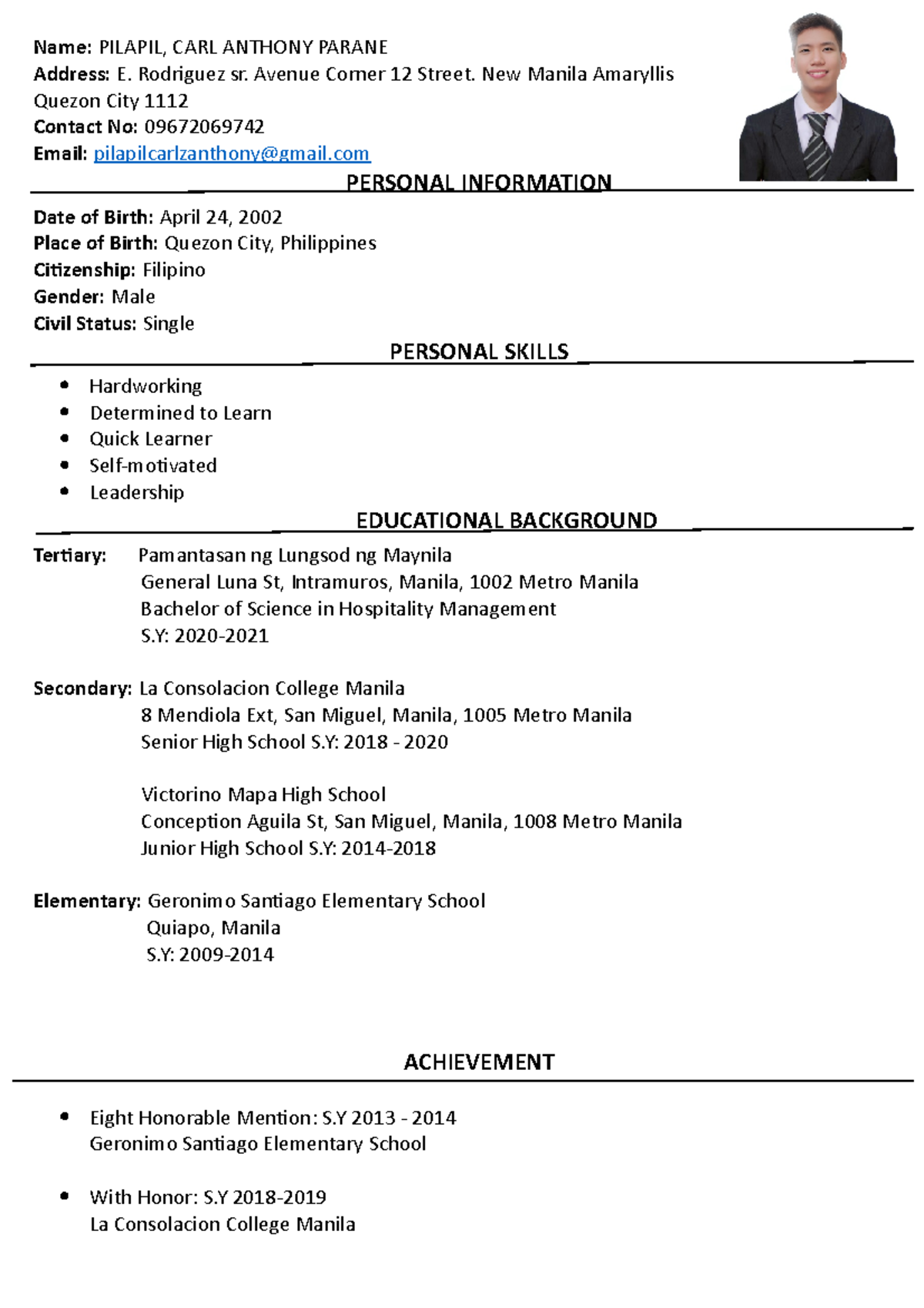 CARL-Resume-2023: Personal Info & Skills Overview - Studocu