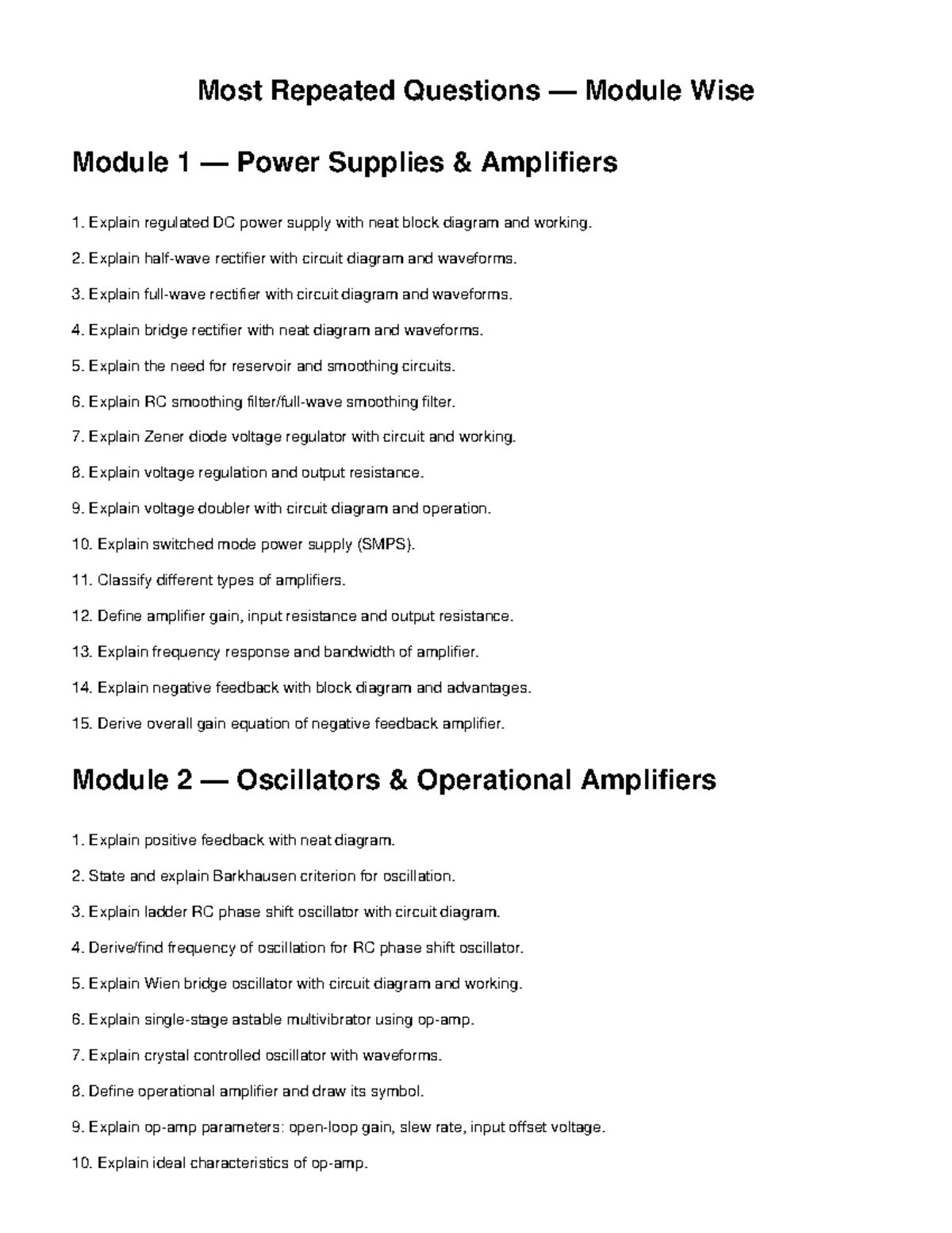Most Repeated Questions for EE 101: Modules 1 to 5 - Studocu