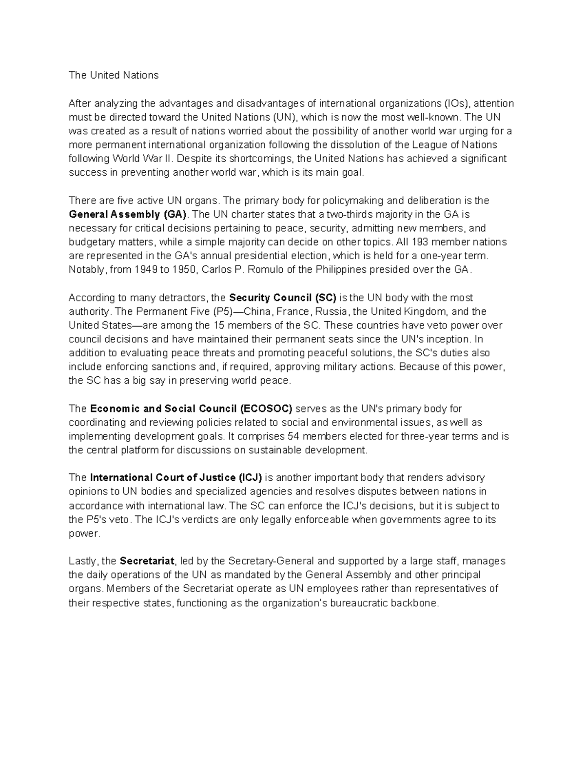 The United Nations (UN) - Comprehensive Overview and Notes - Studocu