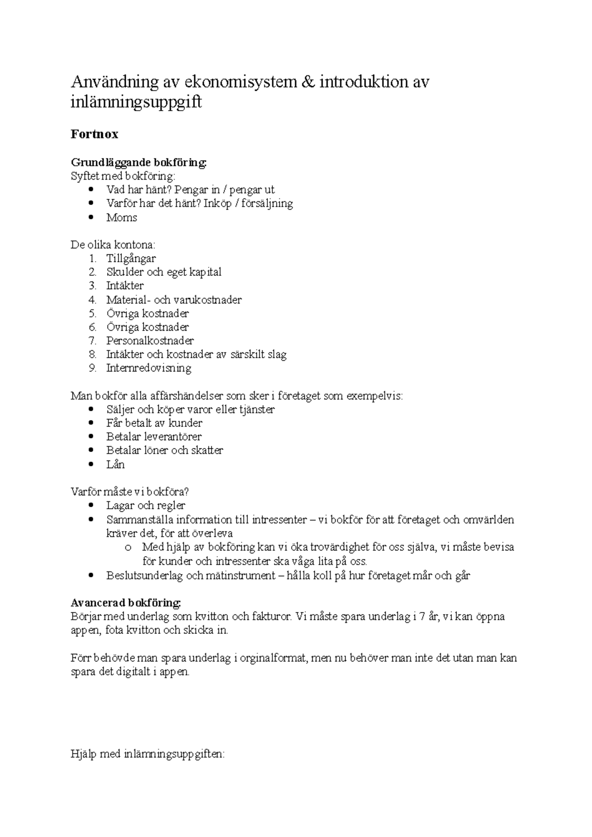 Introduktion till Ekonomisystem och Bokföring via Fortnox - Inlämningsuppgift - Studocu