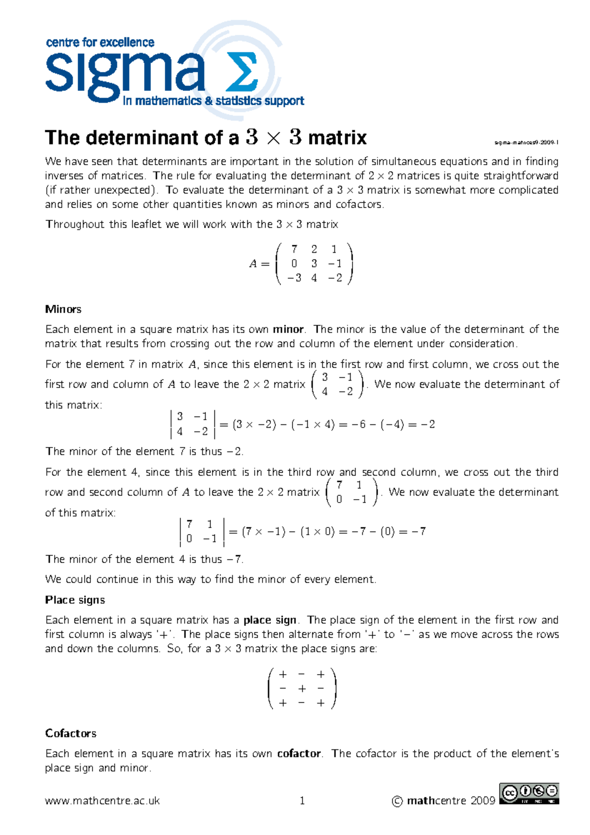 Determinants of 3x3 Matrices: Minors and Cofactors Explained - Studocu
