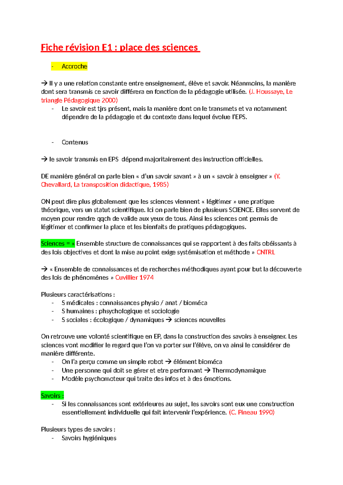 Fiche de Révision E1 : Évolution des Sciences en EPS et Pédagogie - Studocu