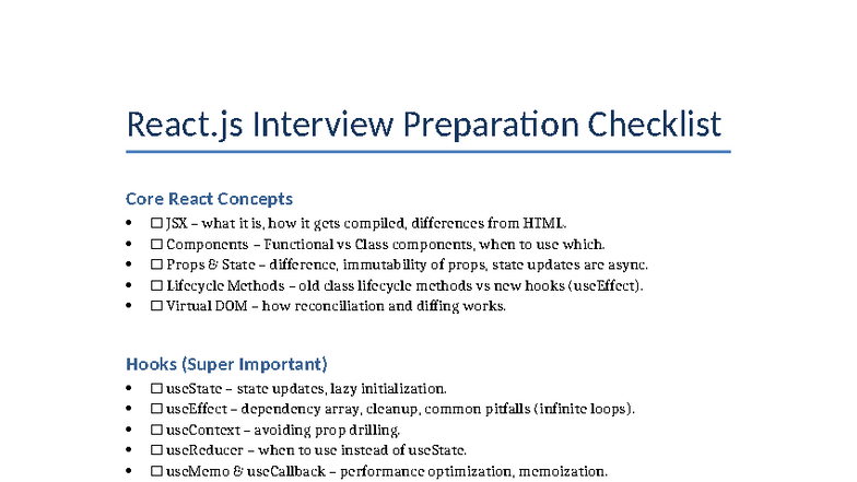 React Interview Checklist - React Interview Preparation Checklist Core React Concepts ☐JSX ...