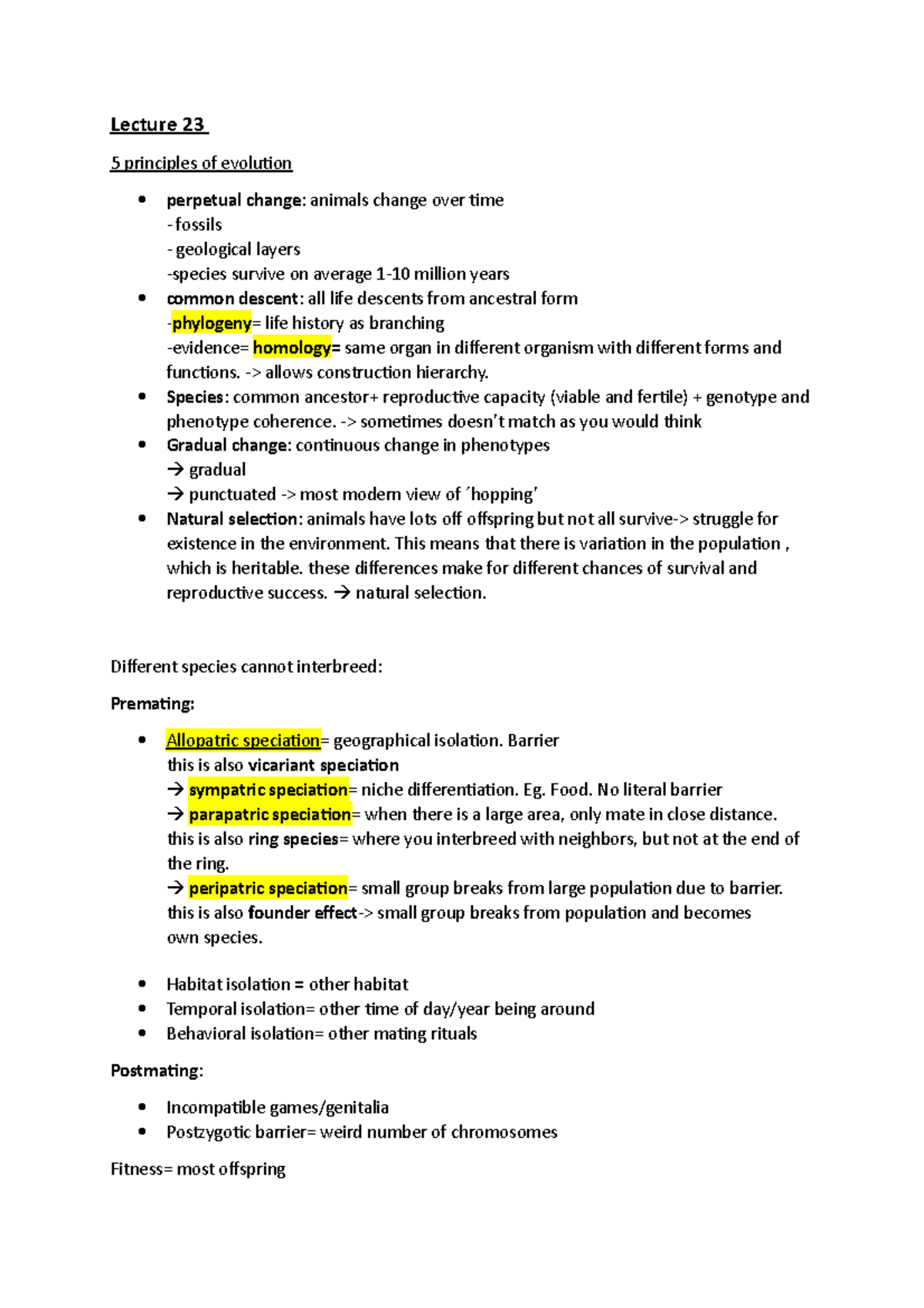 HAP 101 Final Exam Lecture Notes: Evolution Principles & Speciation ...