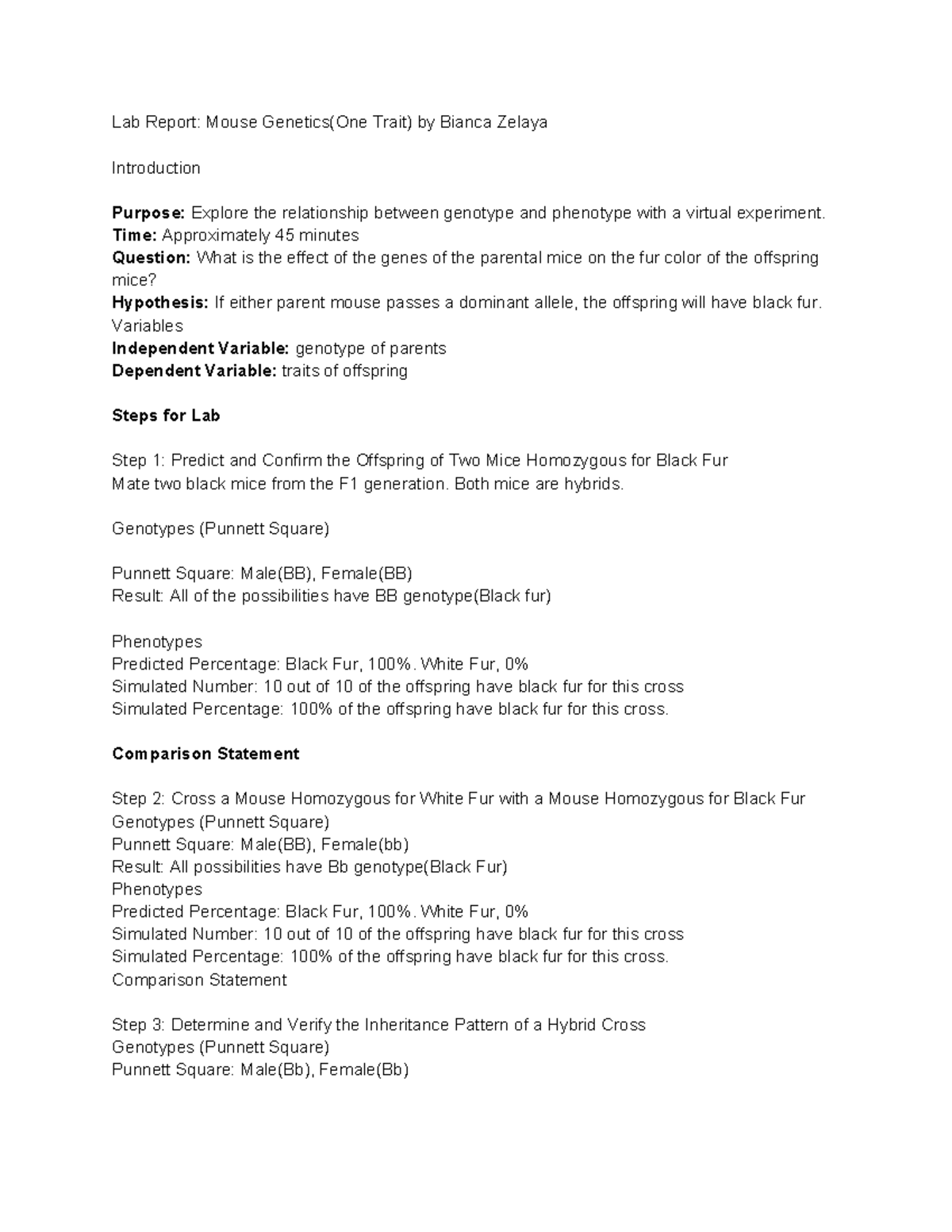 493962018 Lab Report Mouse Genetics One Trait - Lab Report: Mouse ...