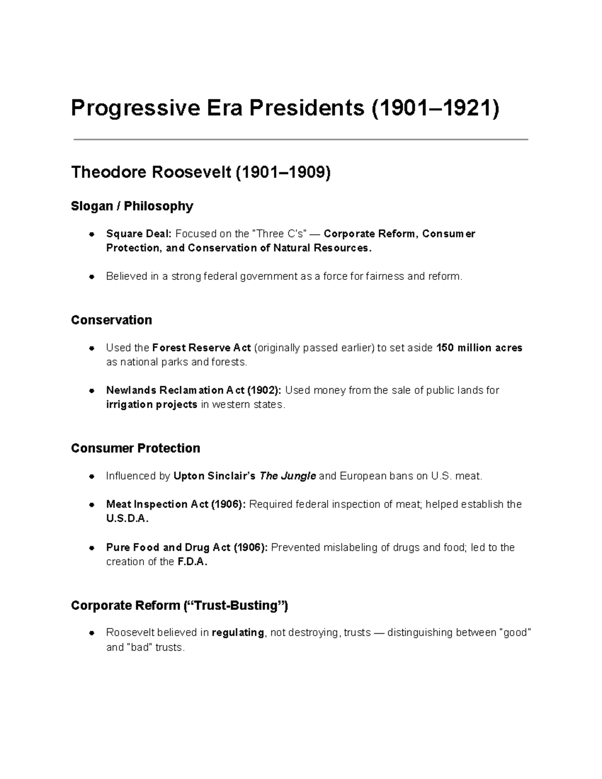 APUSH Flexagon: Progressive Era Presidents & Reforms (Period 7) - Studocu