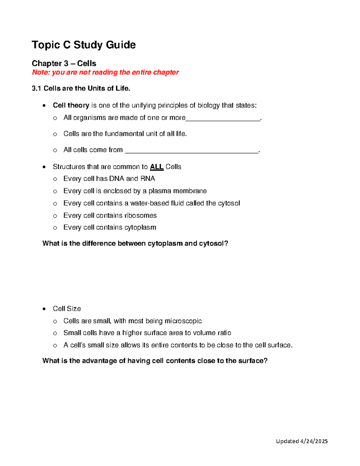 Topic C Study Guide: Chapter 3 - Cells and Their Functions - Studocu
