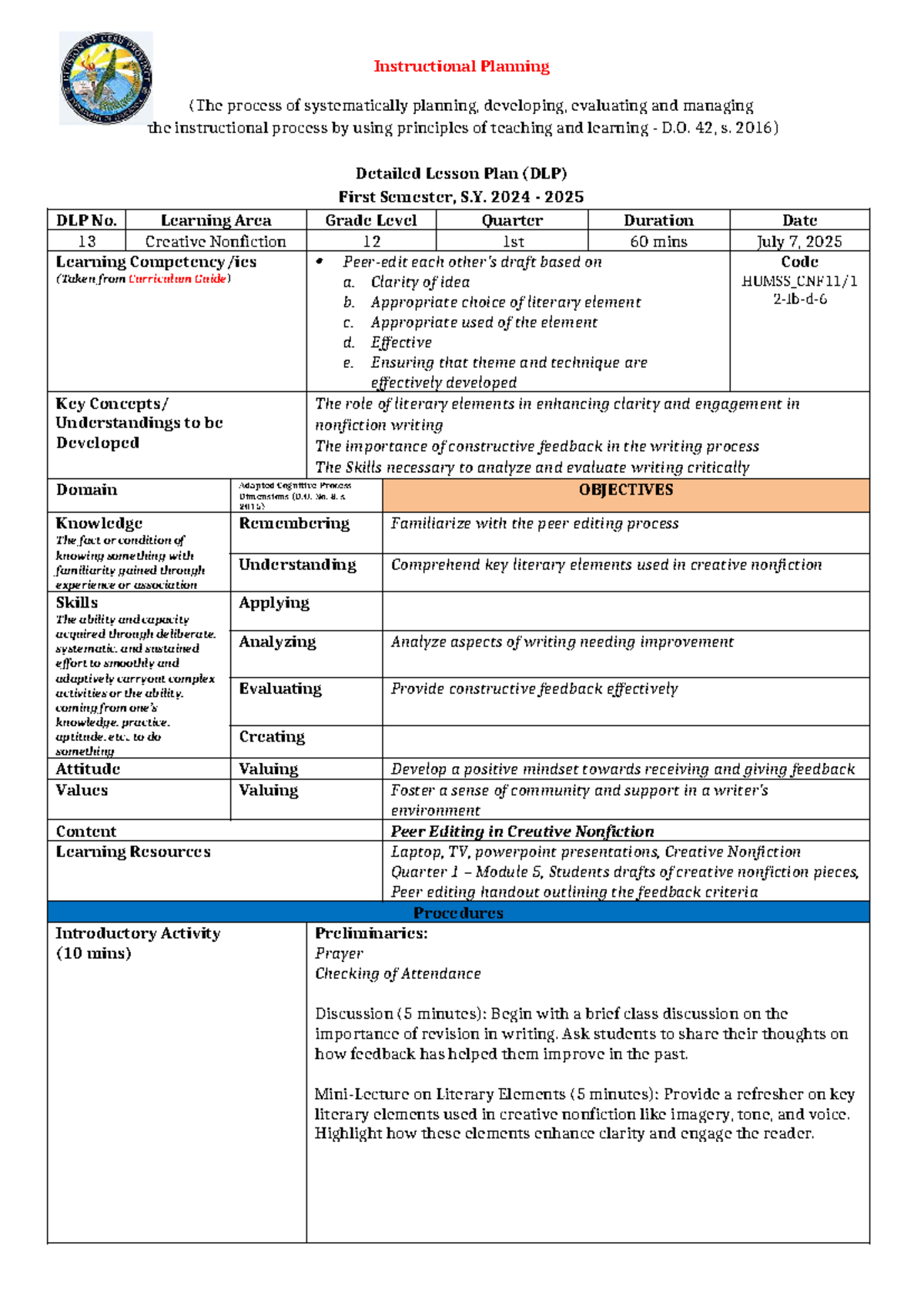 Creative Nonfiction DLP 1 (Grade 12) - Instructional Planning & Peer ...